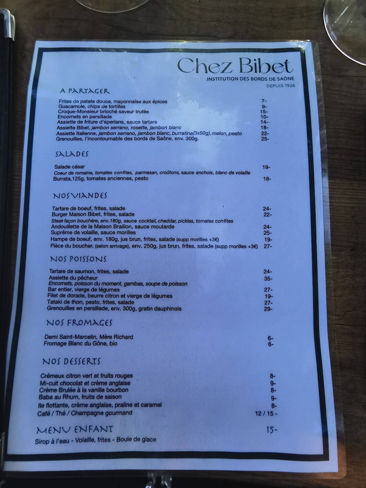 Menu au Chez Bibet restaurant, Saint-Bernard, lieu dit du bourg