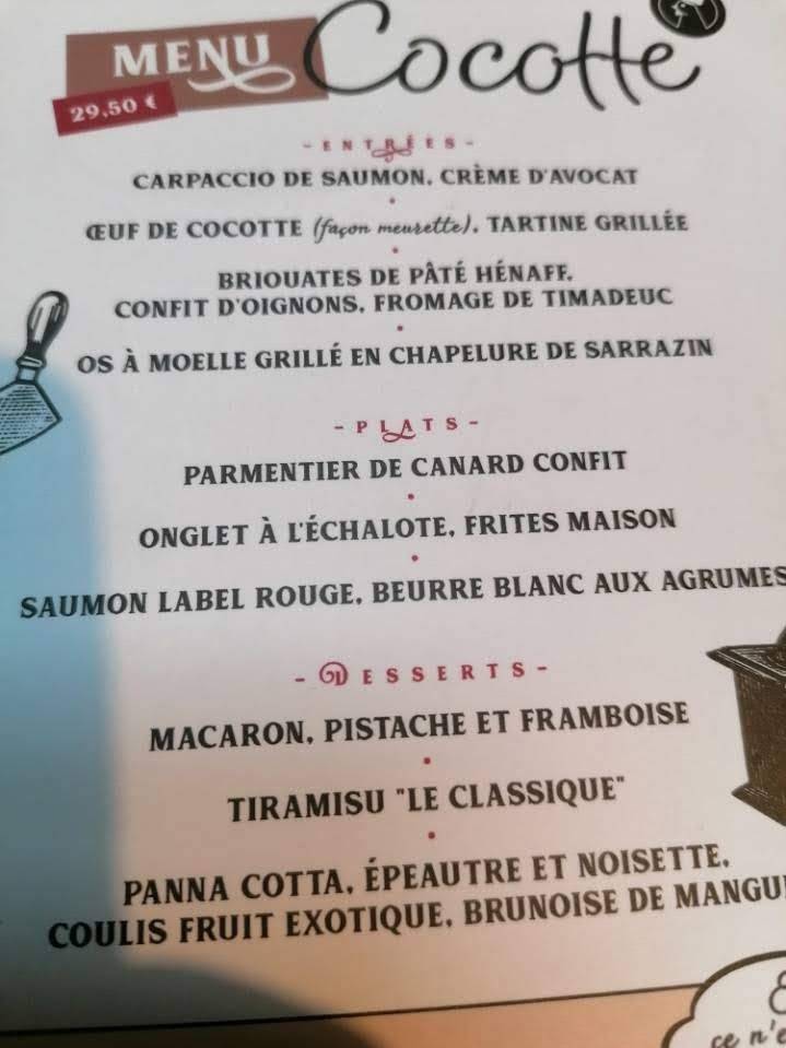 Menu au Chez Cocotte restaurant, Quimper
