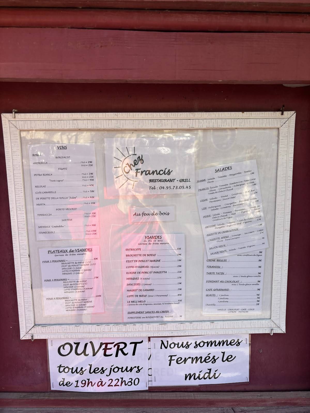 Menu au Restaurant Chez Francis Bonifacio, Bonifacio, Cité Phares