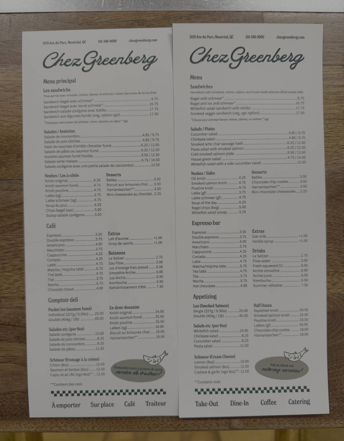 Menu au Chez Greenberg café, Montréal
