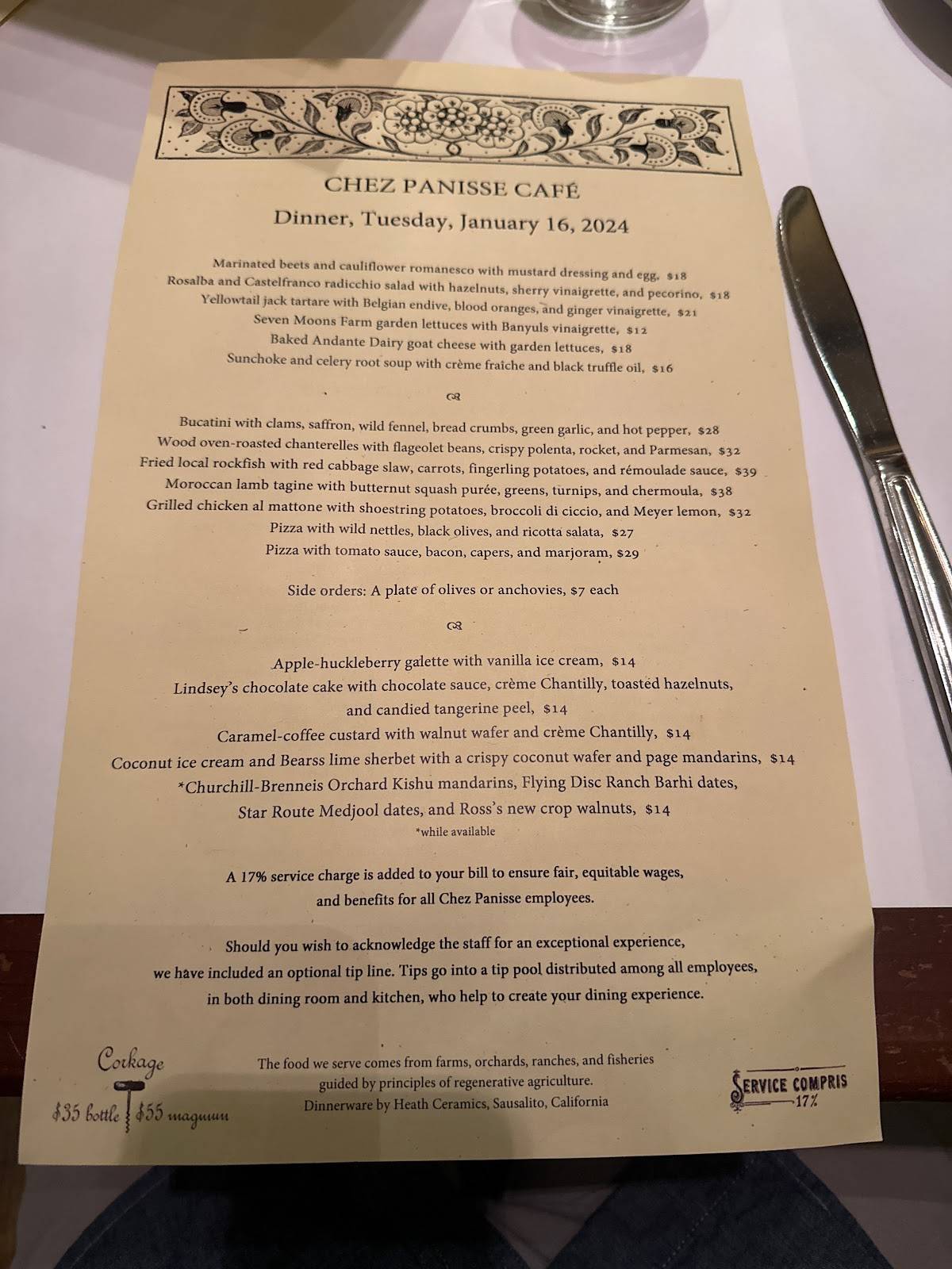 Menu at Chez Panisse cafe, Berkeley, Shattuck Ave.