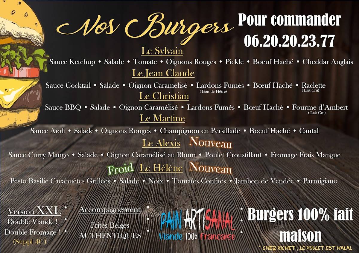 Menu au Chez Richet - Food Truck Burgers Gourmands et Frites Belges, Marans