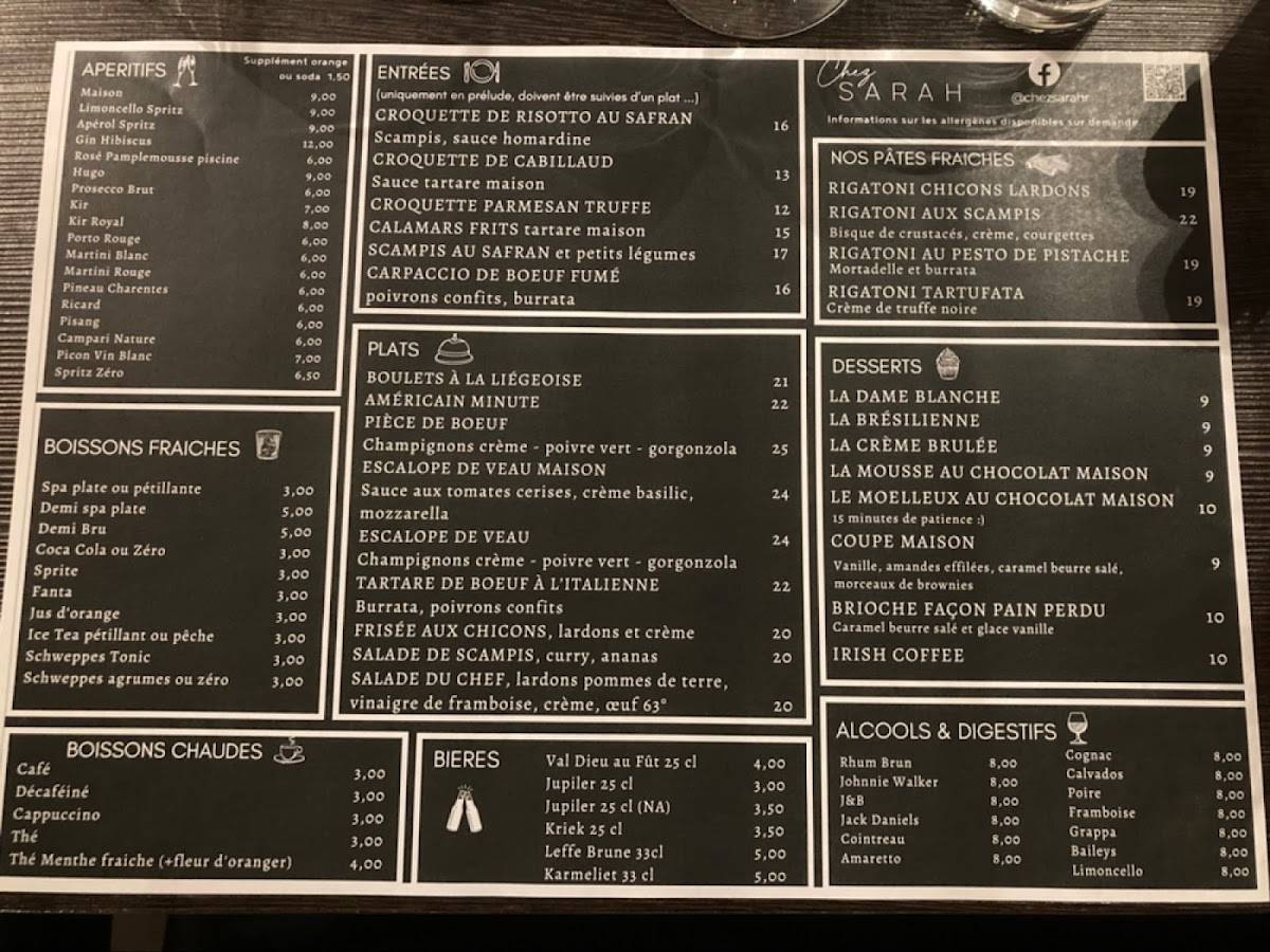 Menu at Chez Sarah, Verviers