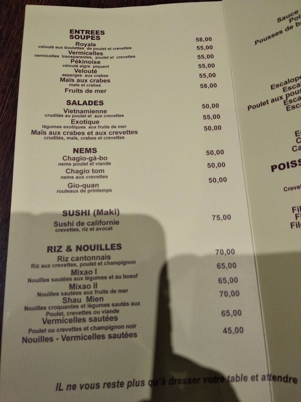 Menu au Chez Thang restaurant, Casablanca