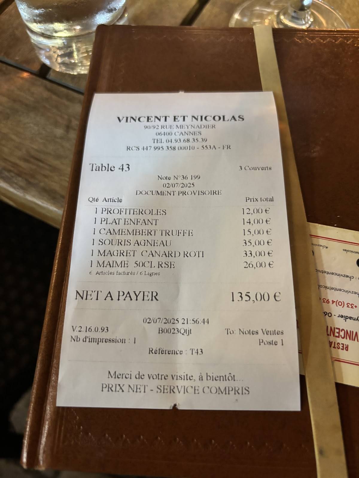 Menu at Chez Vincent et Nicolas restaurant, Cannes