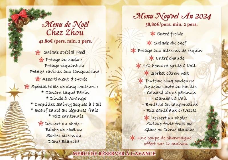 Menu au Chez Zhou restaurant, Awans