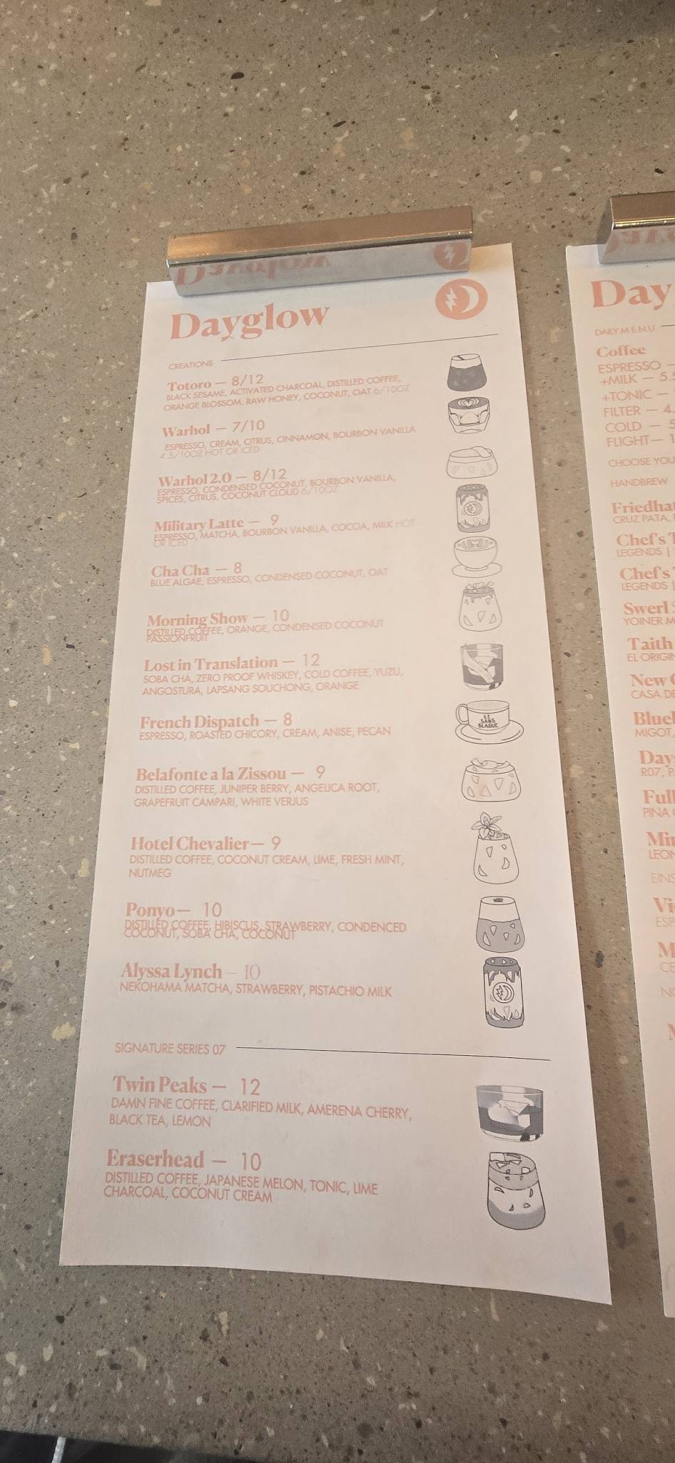 Menu at Dayglow restaurant, Chicago