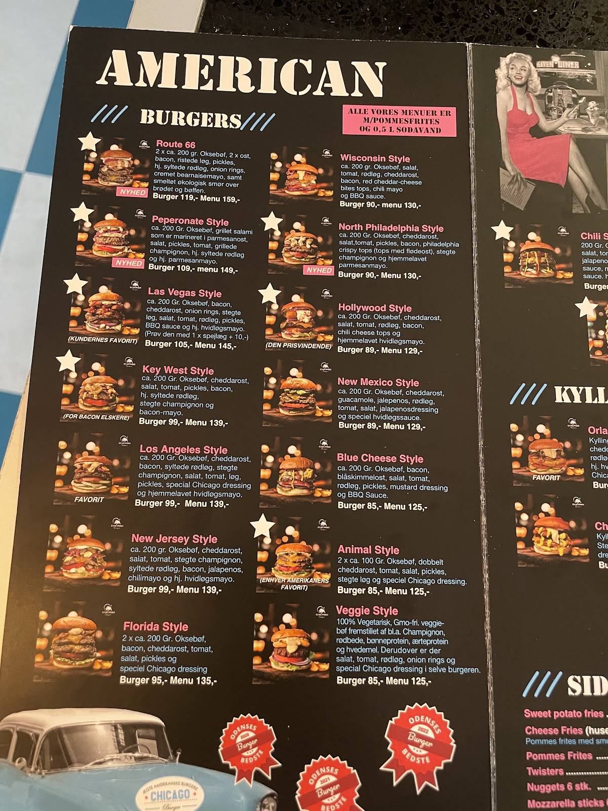Menu at Chicago burger restaurant, Odense, Dalumvej 35b