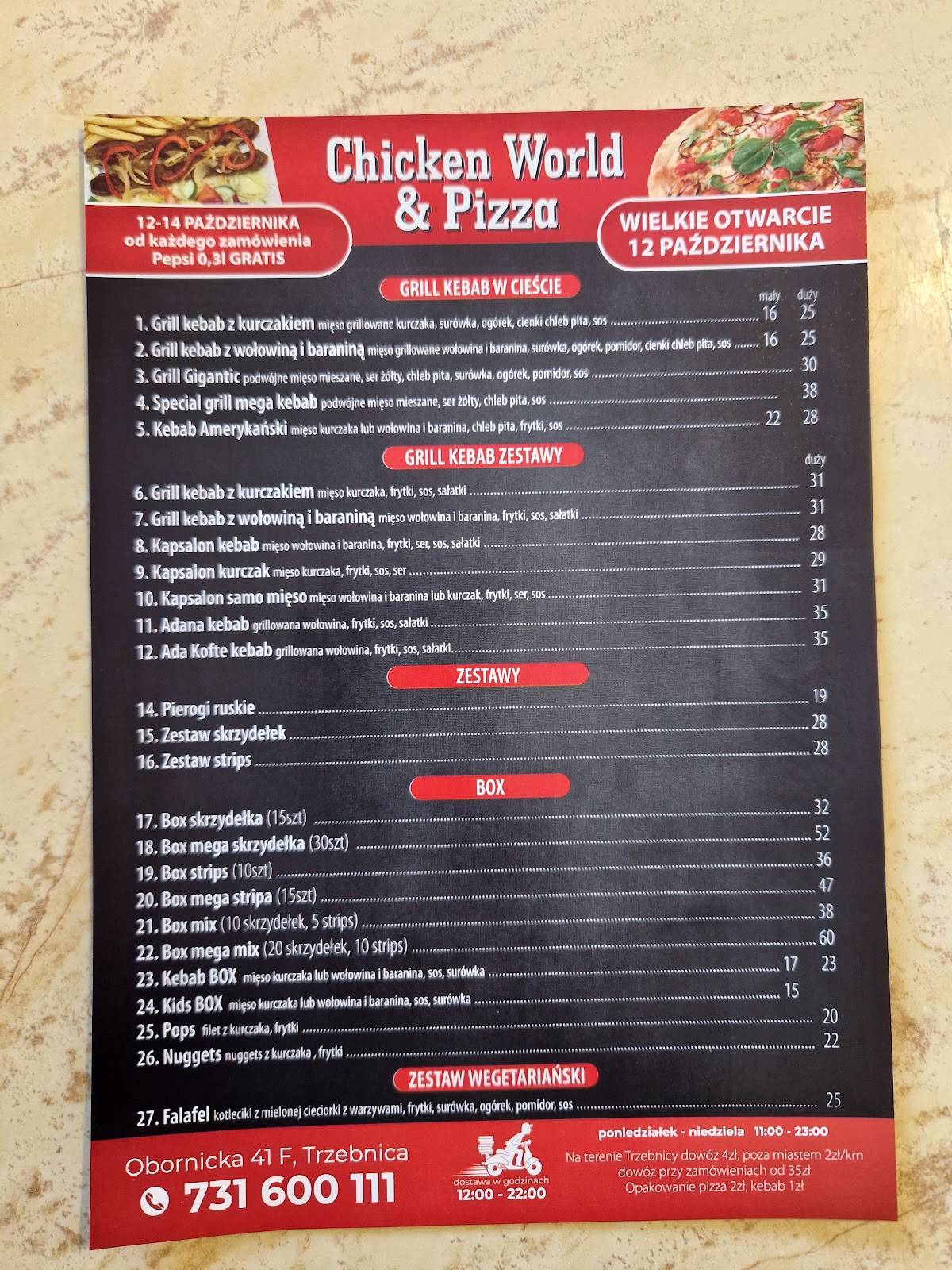 Menu at Chicken World restaurant, Trzebnica