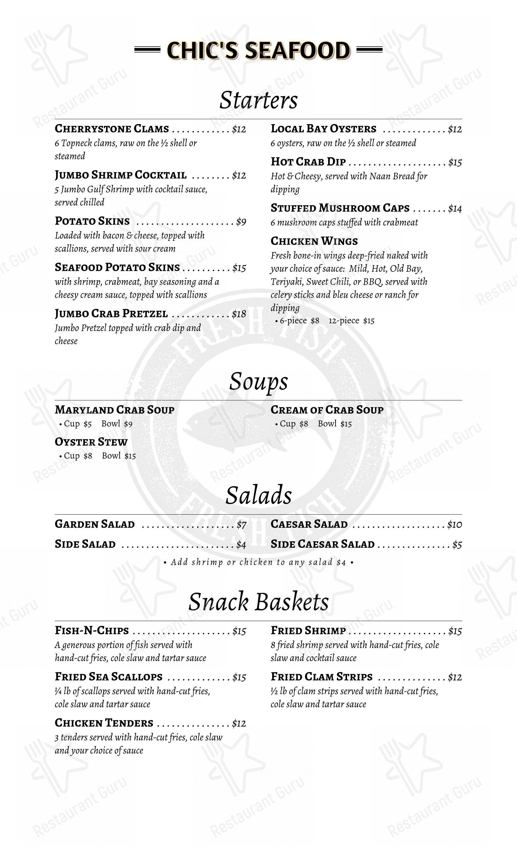 Menu at Chic's Seafood restaurant, Hagerstown