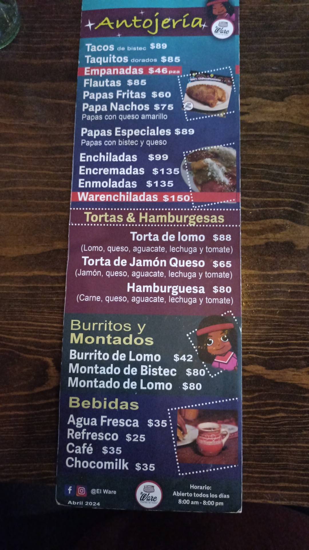 Carta del restaurante El Ware, Chihuahua