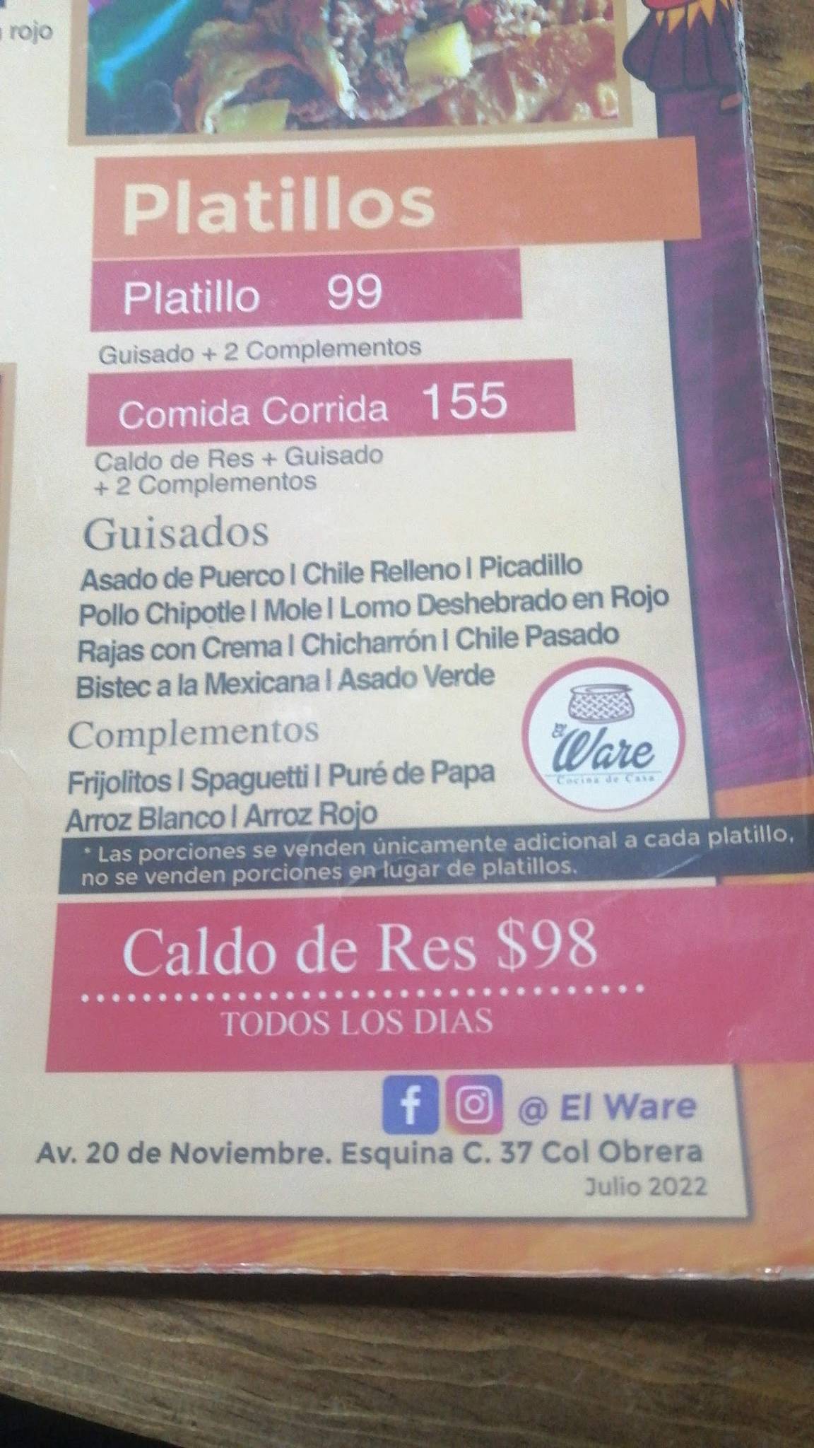 Carta del restaurante El Ware, Chihuahua