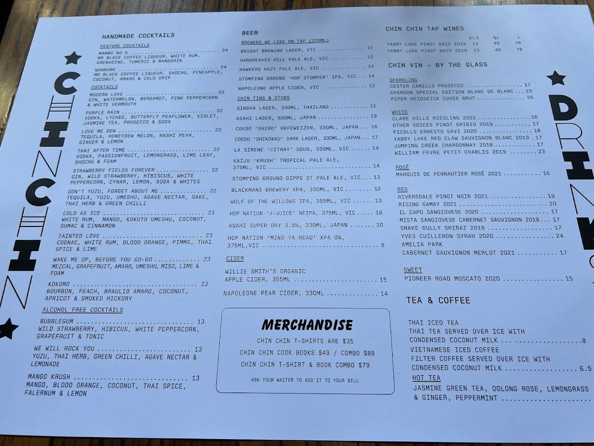 Menu at Chin Chin restaurant, Melbourne