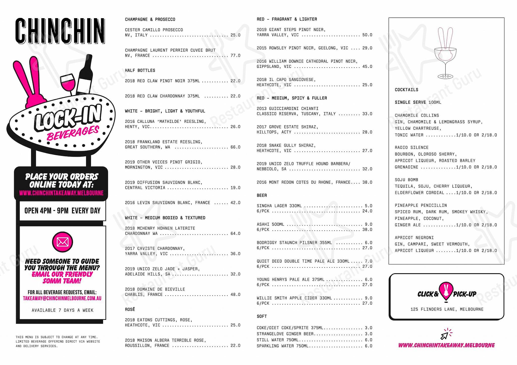 Menu at Chin Chin restaurant, Melbourne