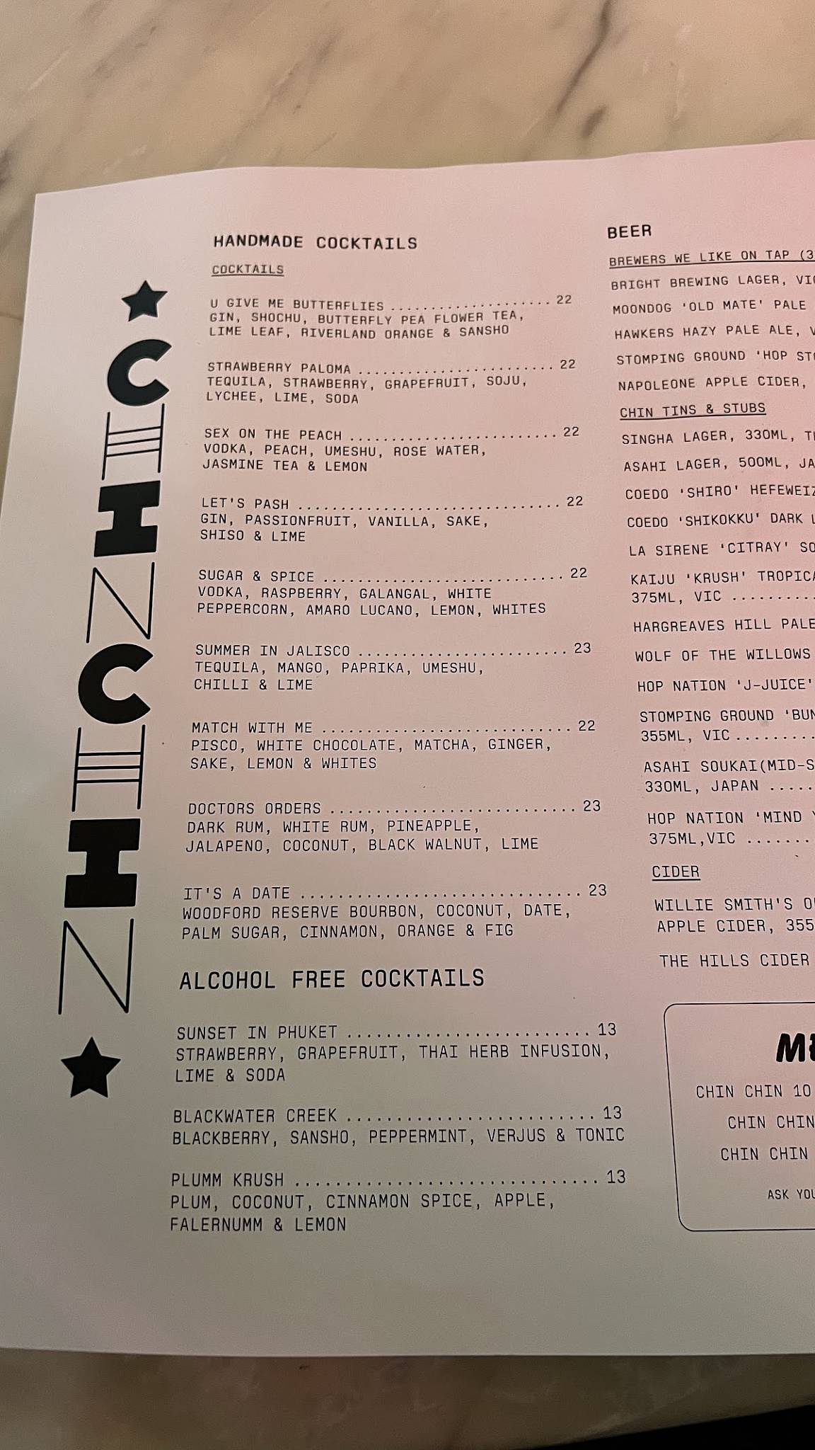 Menu at Chin Chin restaurant, Melbourne