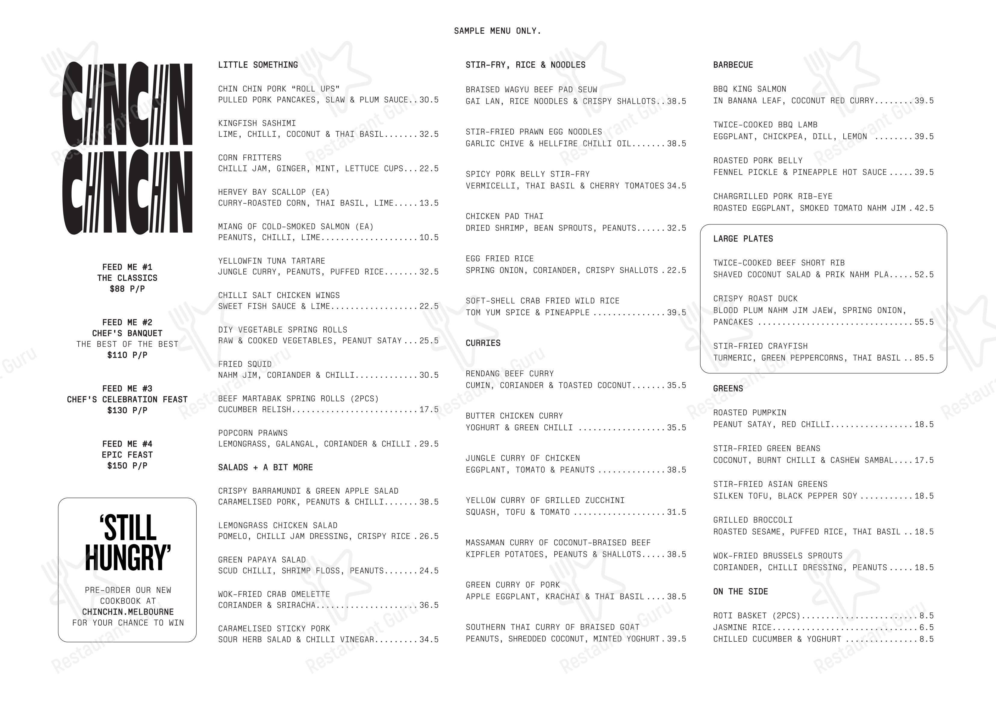 Menu at Chin Chin restaurant, Melbourne