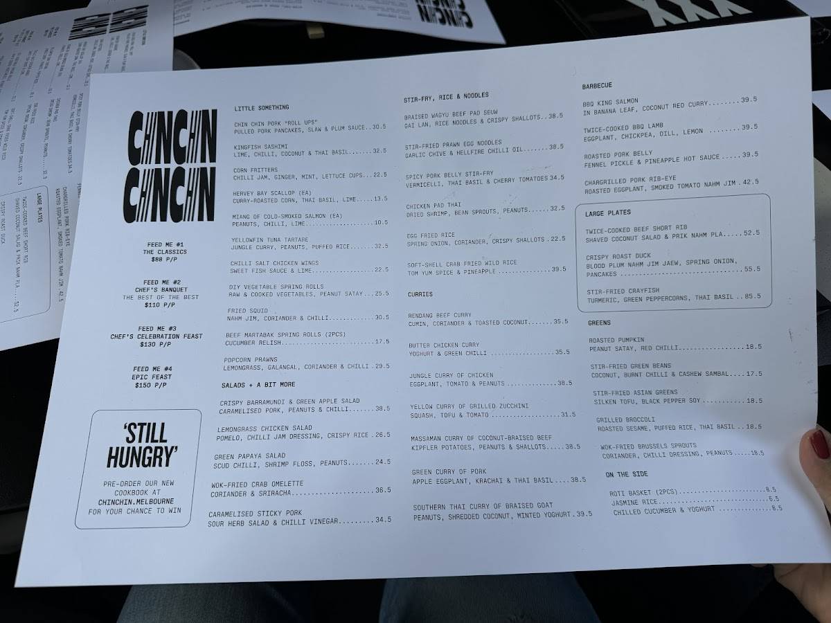 Menu at Chin Chin restaurant, Melbourne
