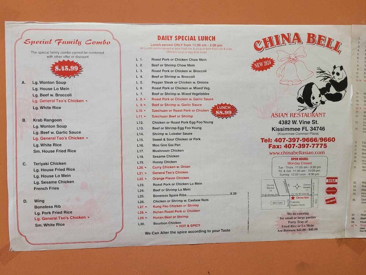Menu at China Bell Asian Restaurant, Kissimmee
