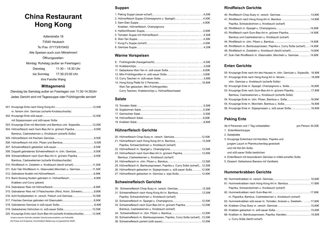 Menu au China Restaurant Hong Kong, Heubach