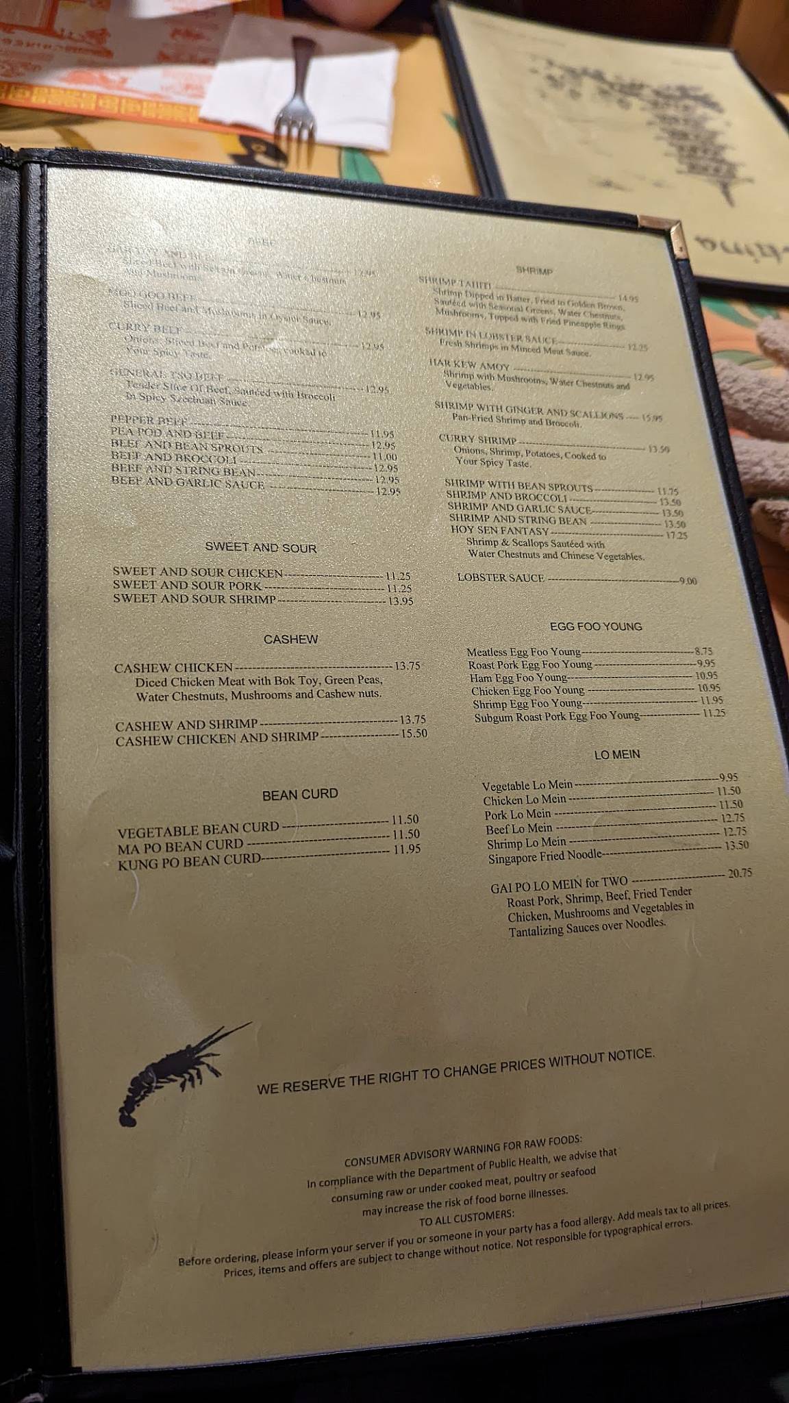 Menu at China Sea restaurant, Warwick