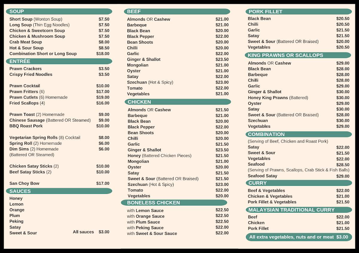 Menu at China's Kitchen Bunyip restaurant, Bunyip