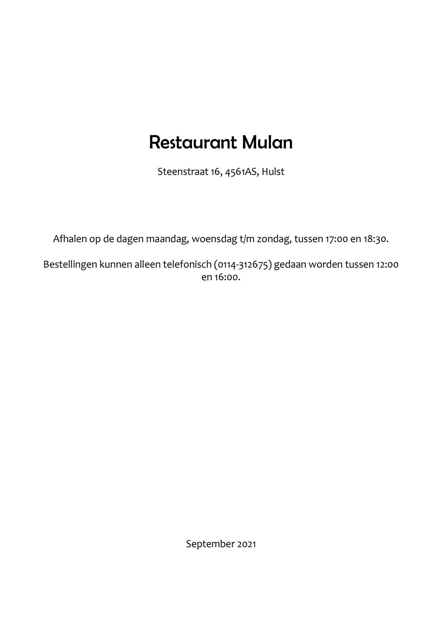 Menu at Chinees Restaurant Mulan, Hulst