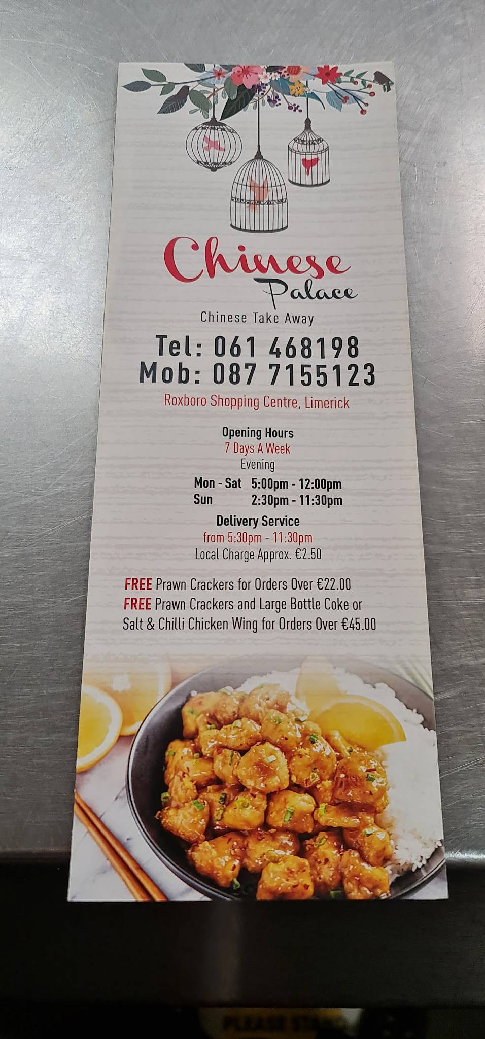 Menu at Chinese Palace restaurant, Limerick