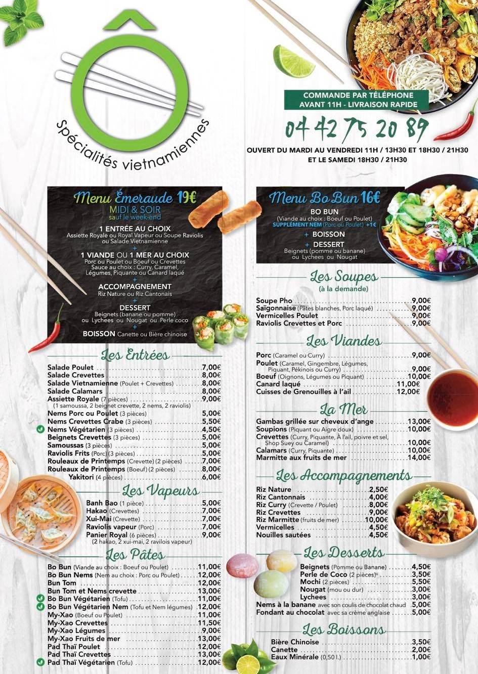 Menu au Ô Chinois restaurant, Vitrolles
