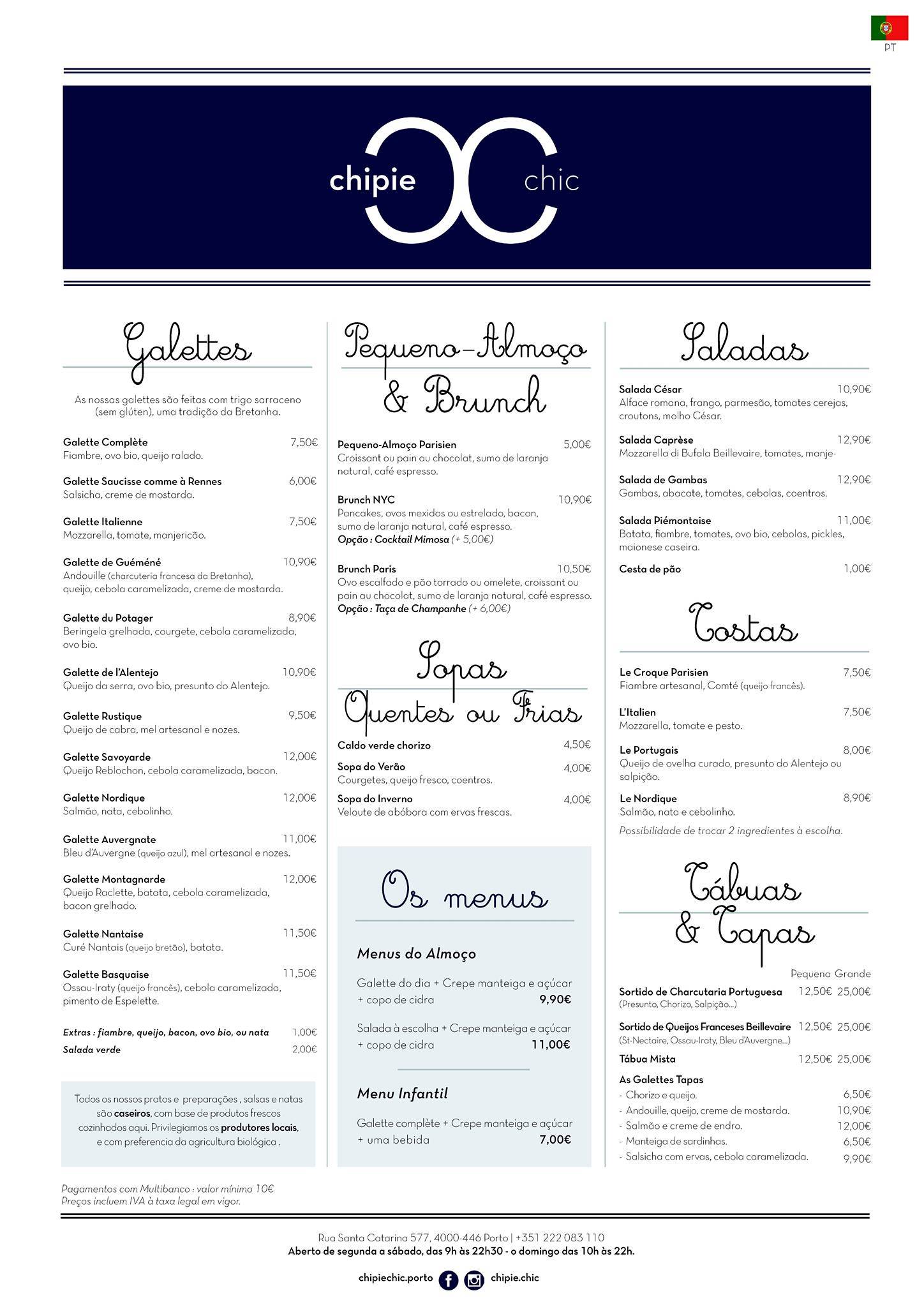Menu em Chipie Chic restaurante, Porto
