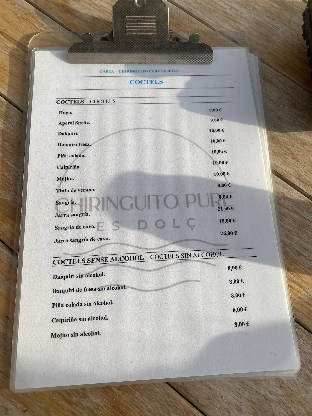 Carta del restaurante Chiringuito Es Dolç, Colònia del Sant Jordi