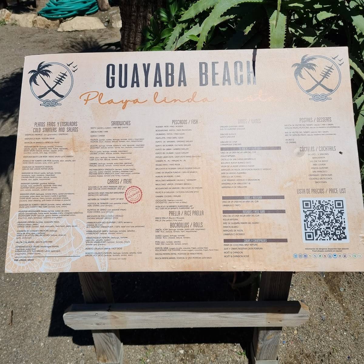 Menu at Chiringuito Guayaba Beach pub & bar, San Pedro de Alcántara