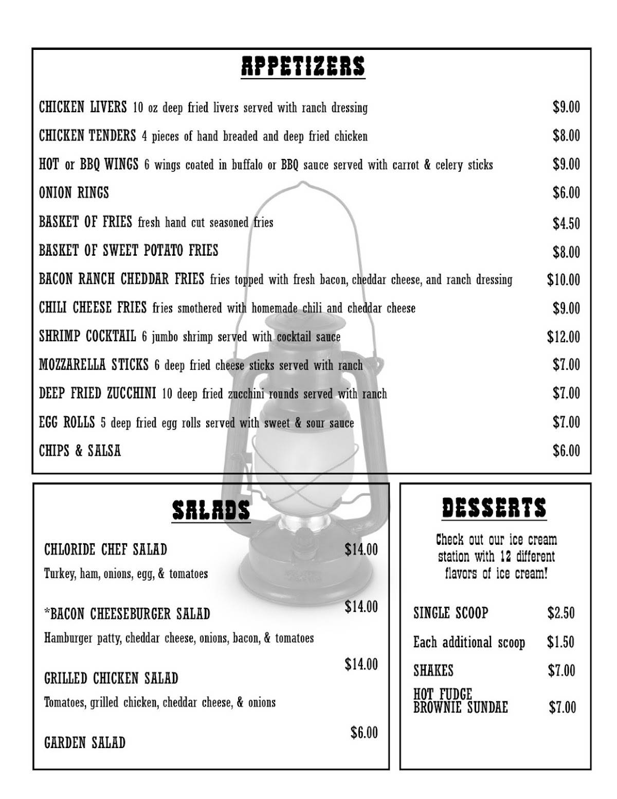 Menu at Yesterdays Restaurant & Shep's Miners Inn/Hotel, Chloride