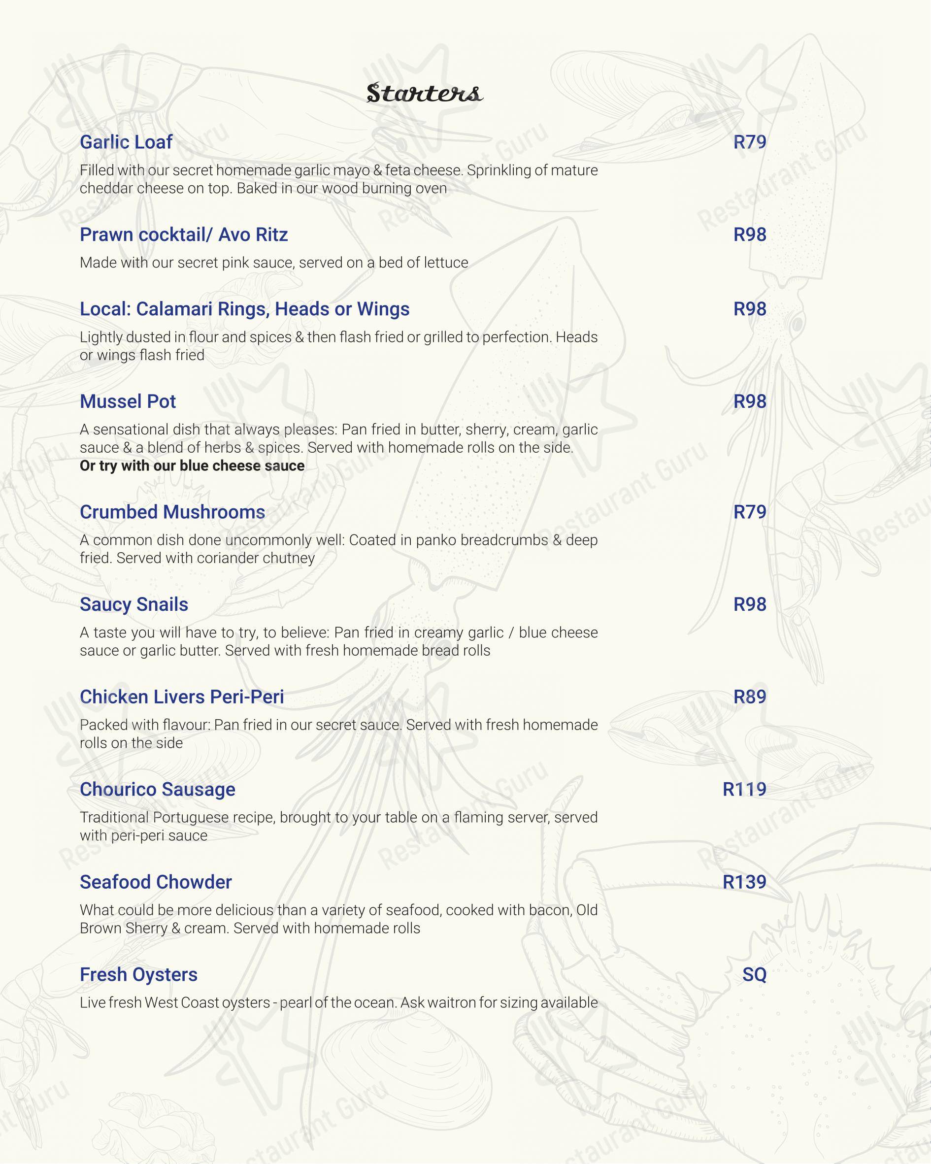 Carta de Chokka Block Restaurant, Saint Francis Bay