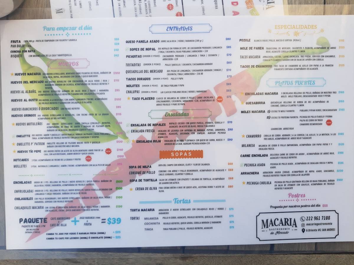 Carta del restaurante MACARIA GASTRONOMÍA DE MERCADO, Cholula