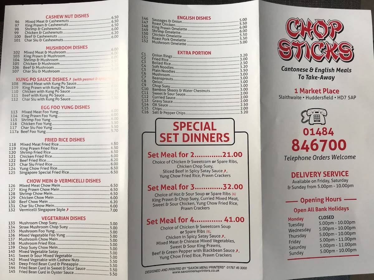 Menu at Chop Sticks fast food, Huddersfield