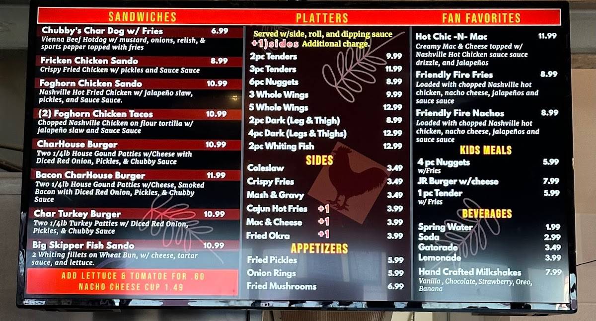 Menu at Chubby’s Hot Chicken restaurant, Forest Park