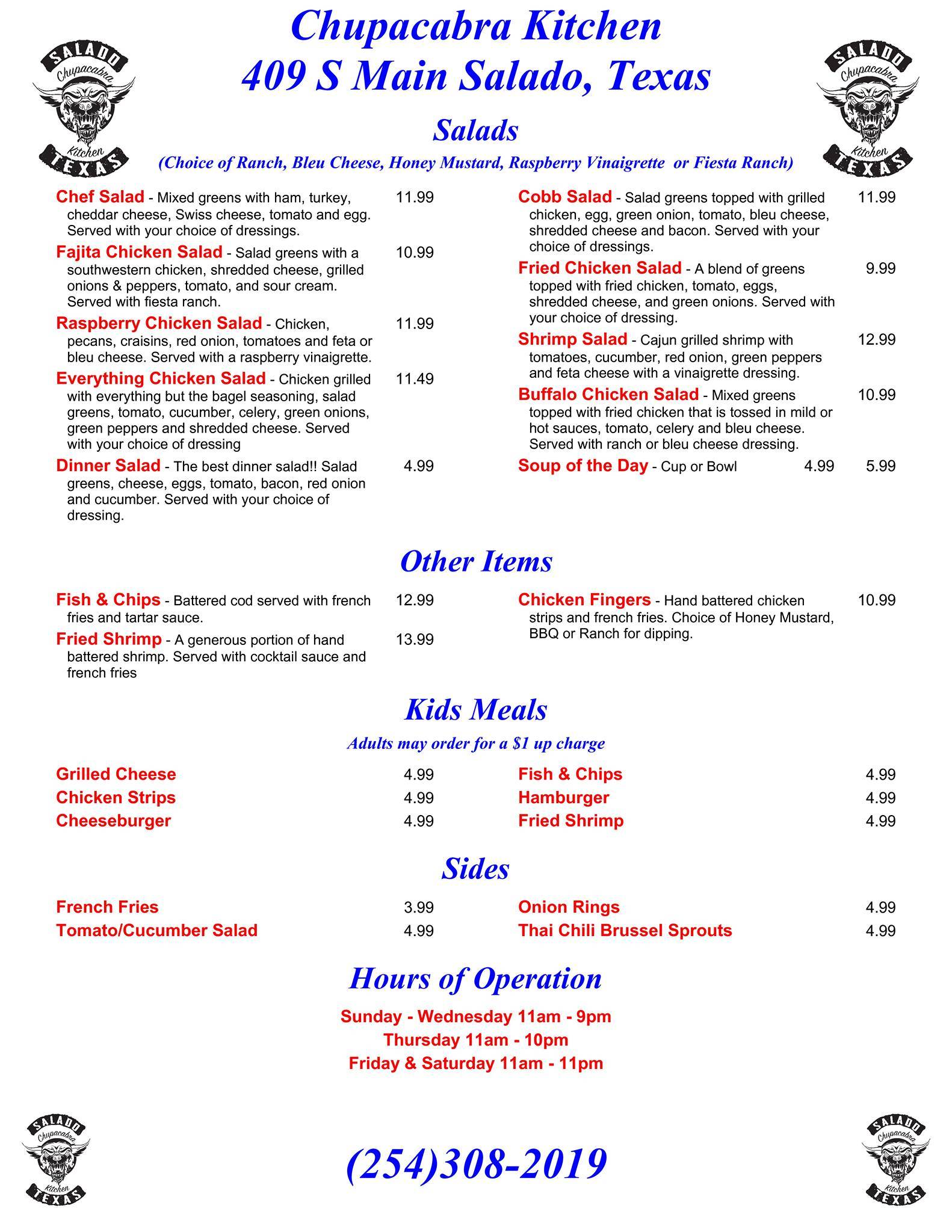 Menu at Chupacabra Kitchen restaurant, Salado