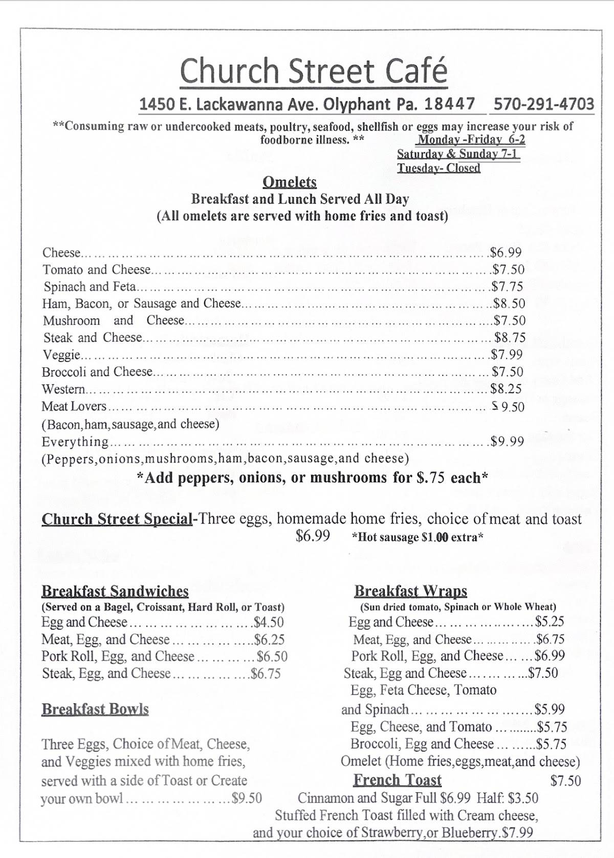 Menu at Church Street Cafe, Olyphant