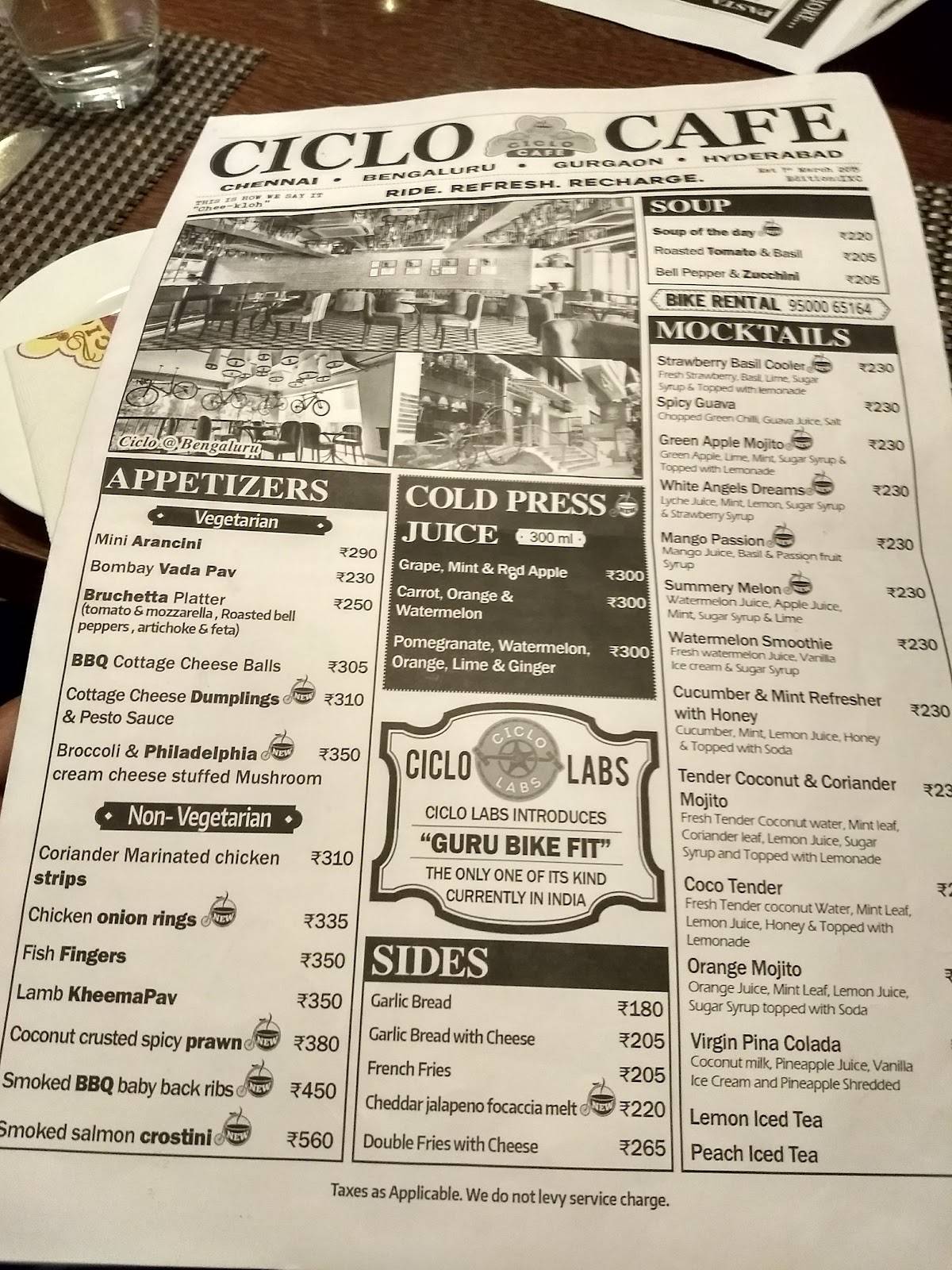 Menu at Ciclo Café, Chennai, 32