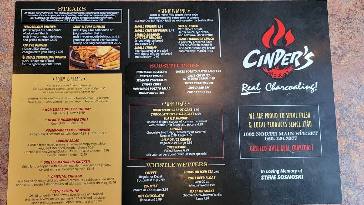 Menu at Cinders Charcoal Grill restaurant, Oshkosh