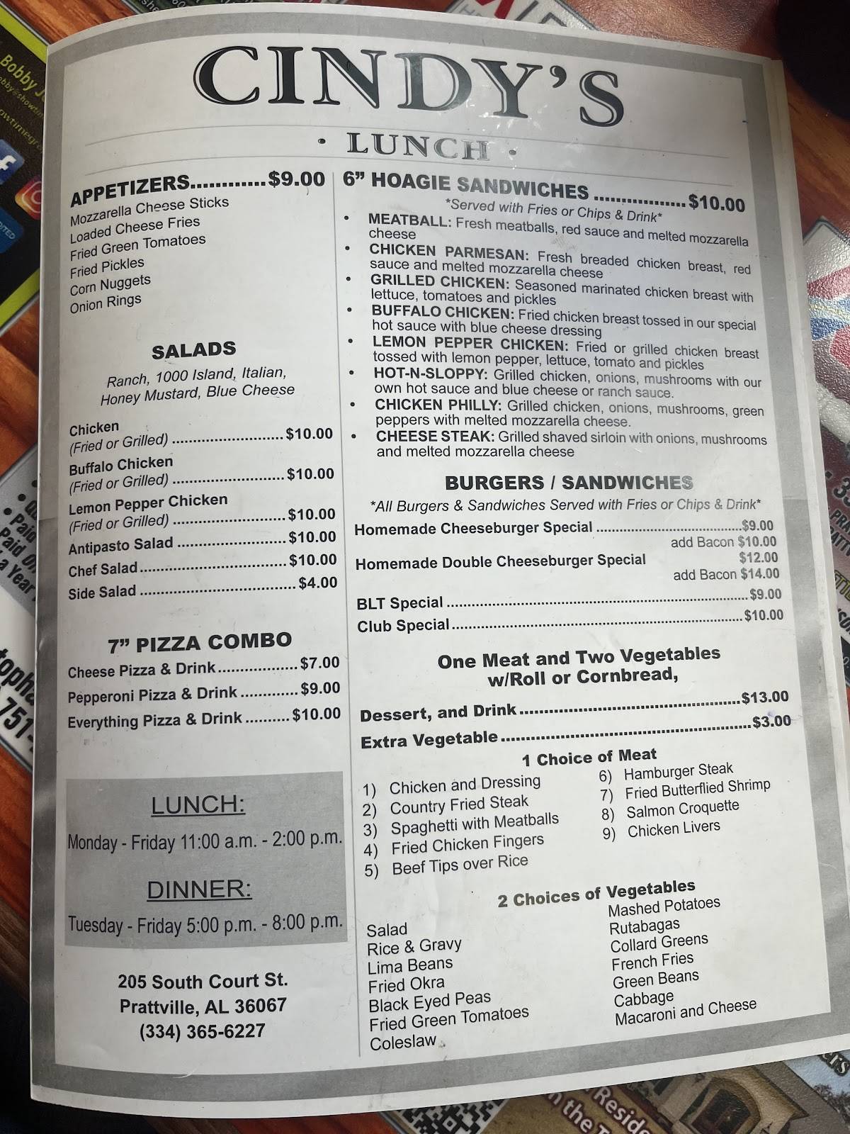 Menu at Cindy's Cafe, Prattville