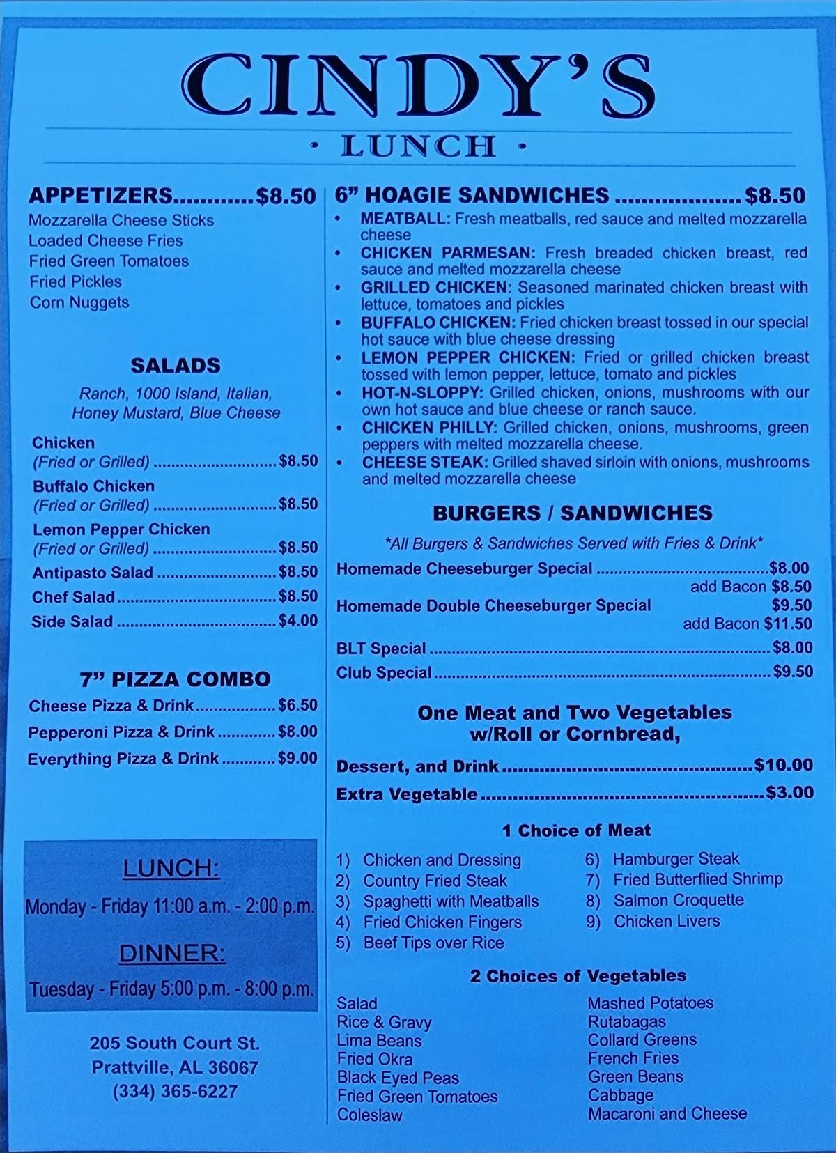 Menu at Cindy's Cafe, Prattville