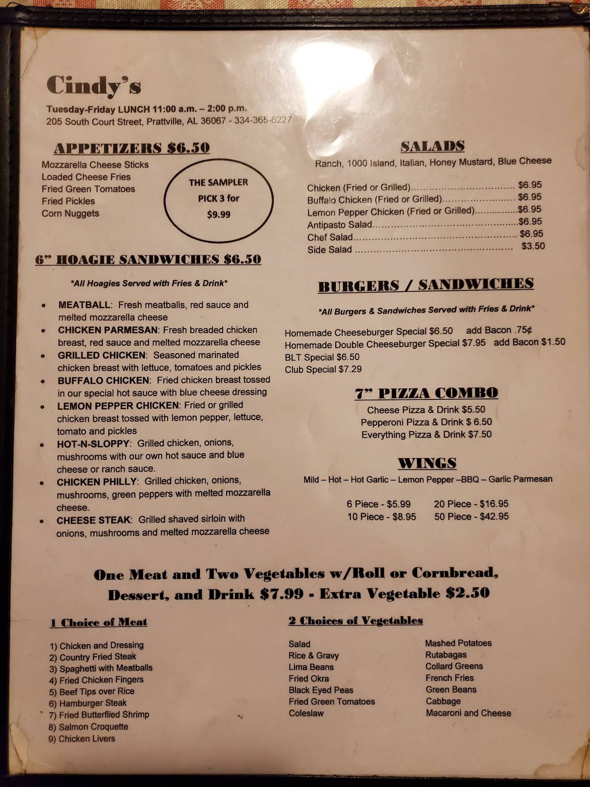 Menu at Cindy's Cafe, Prattville
