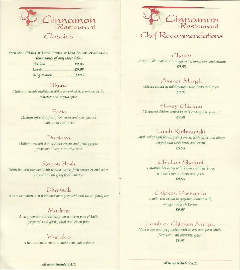 Menu at Cinnamon Restaurant, Inverness