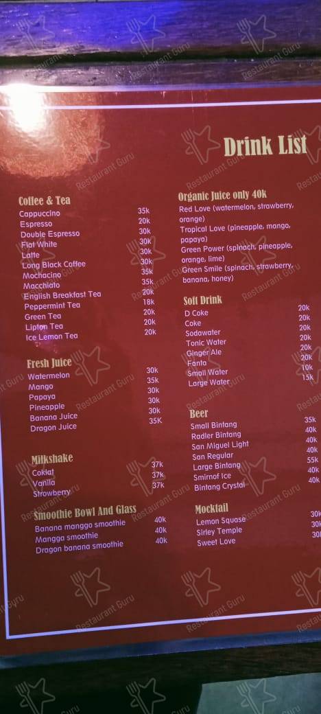 Carta de Cinta Coffee Shop Bar and Grill, Lembongan