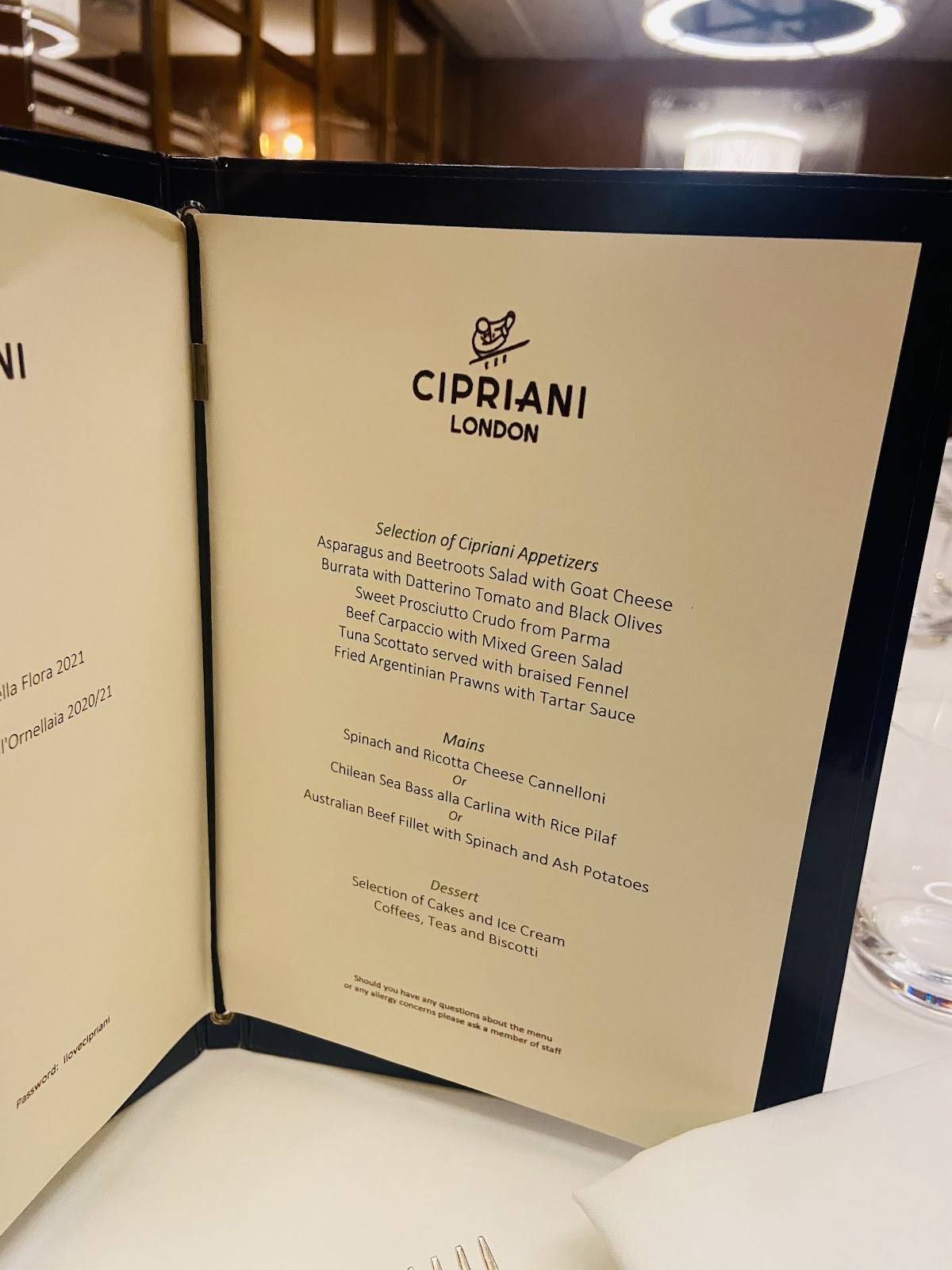 Menu at Cipriani London restaurant, London, 23-25 Davies St