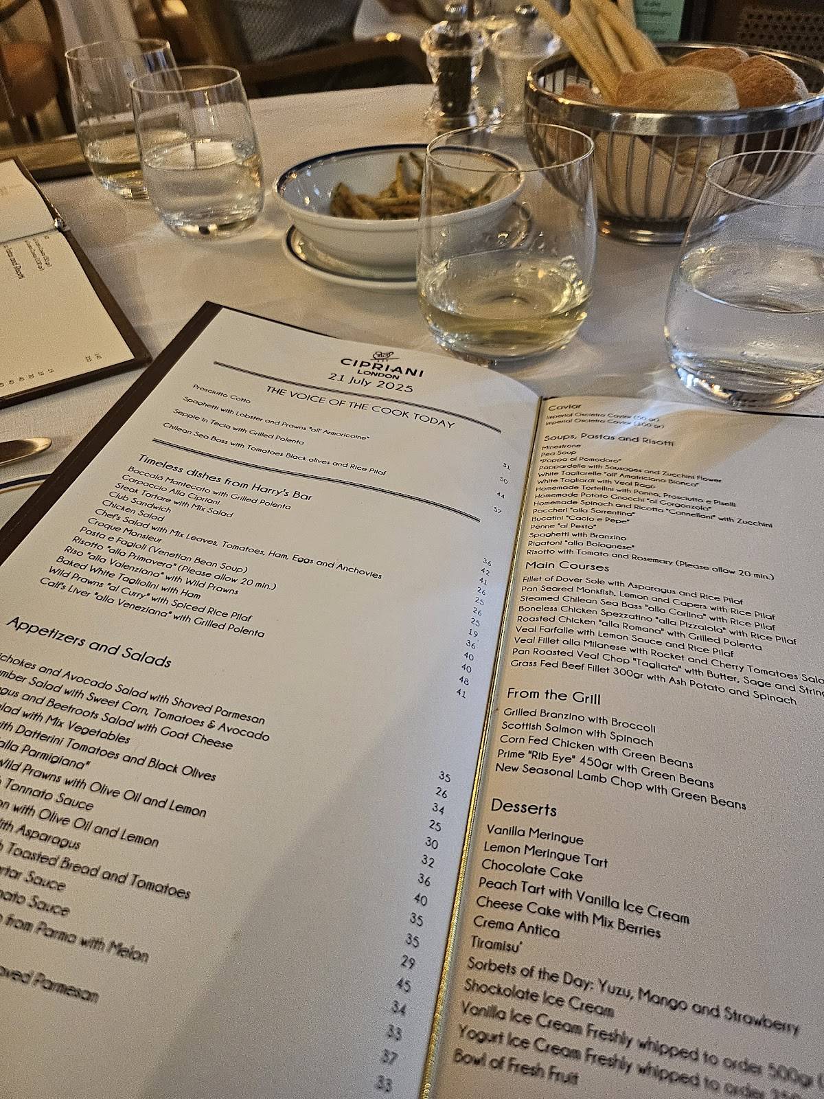 Menu at Cipriani London restaurant, London, 23-25 Davies St