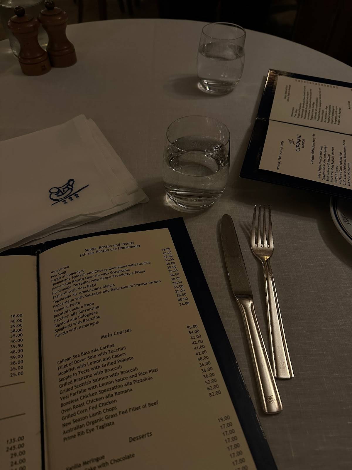Menu at Cipriani London restaurant, London, 23-25 Davies St