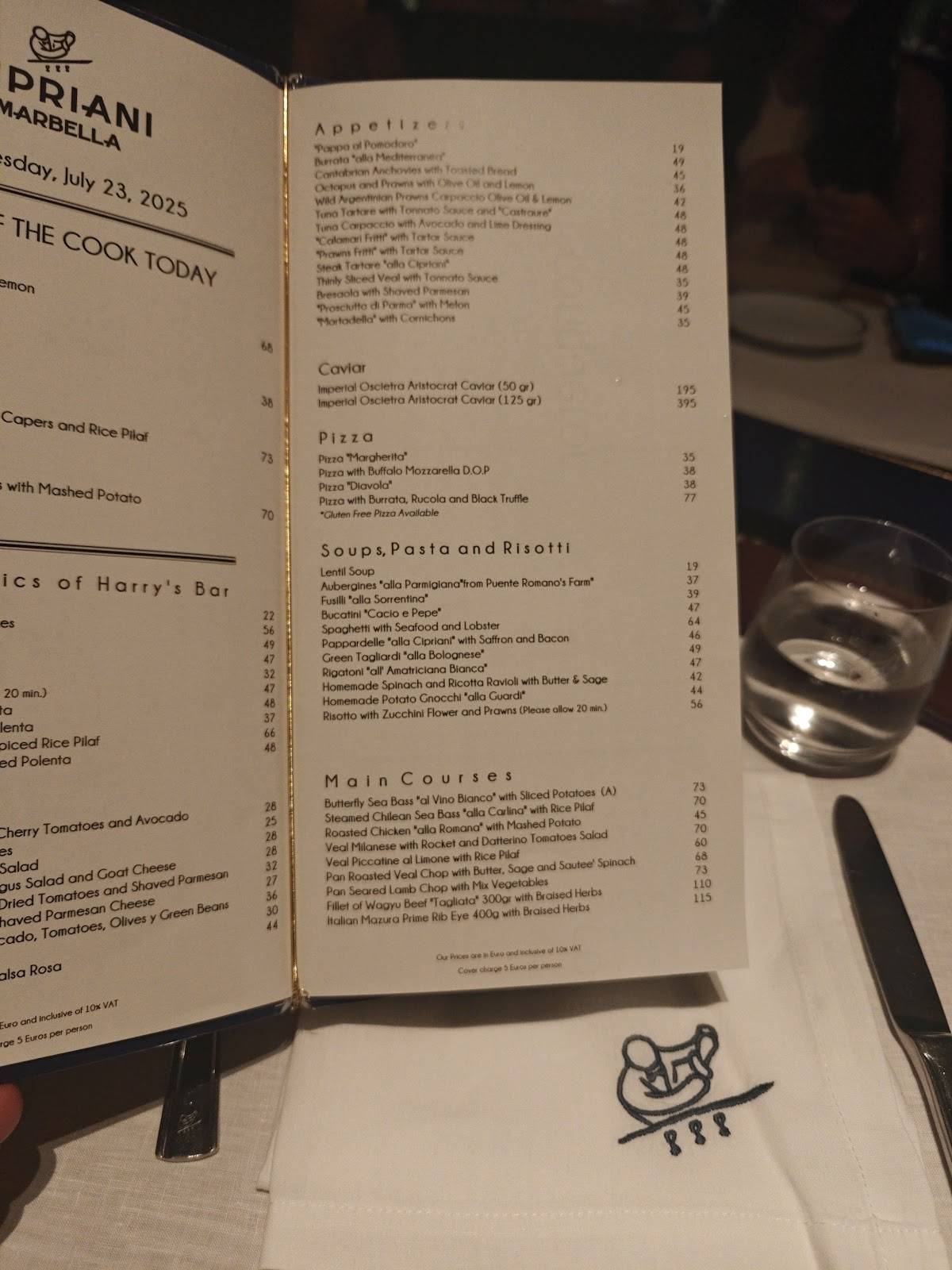 Menu at Cipriani Marbella restaurant, Marbella