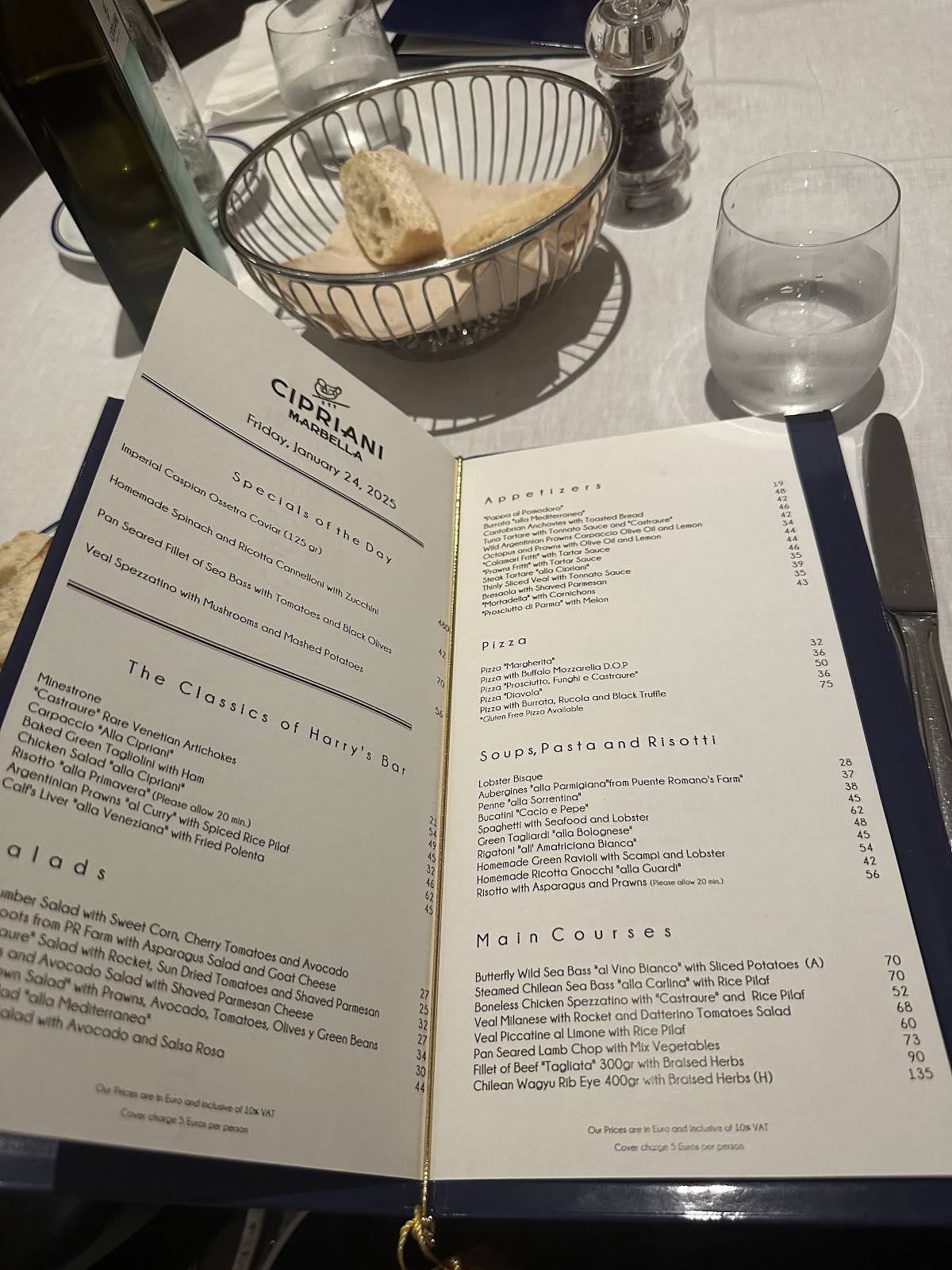 Menu at Cipriani Marbella restaurant, Marbella